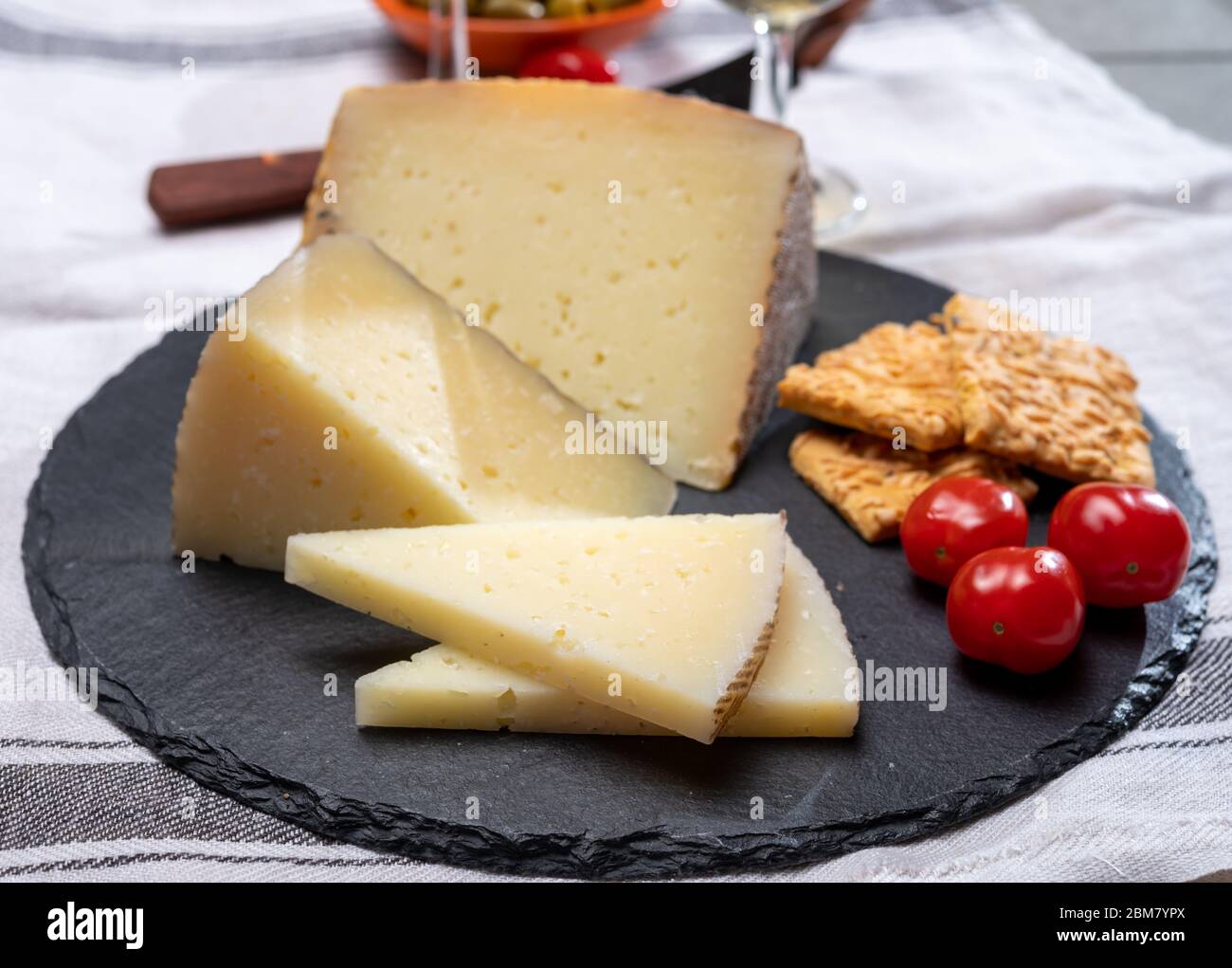 Spanish tapas, manchego cheese made from sheep milk and green olives ...