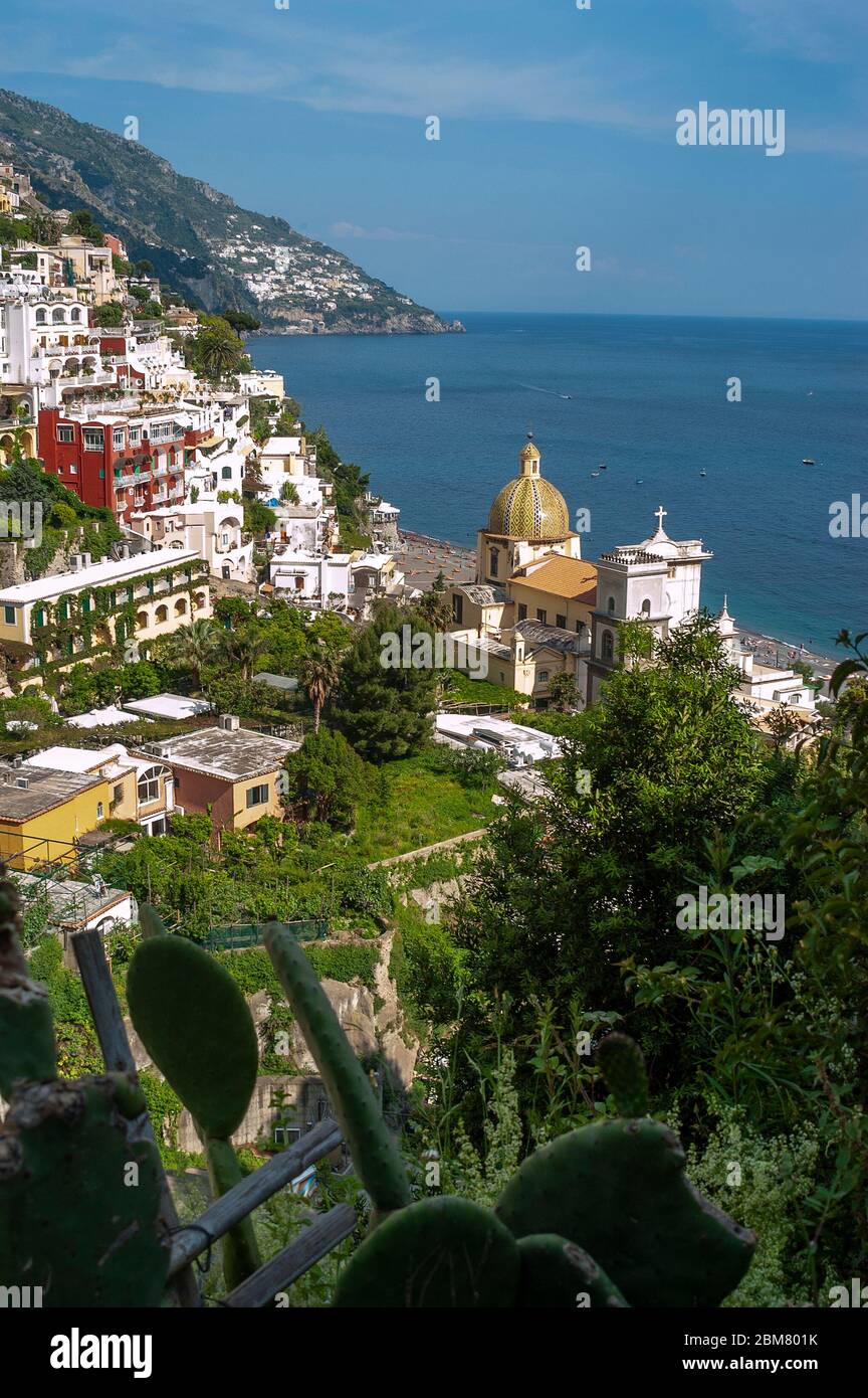 High aspect view of the Italian town of Positano on the Amalfi Coast ...
