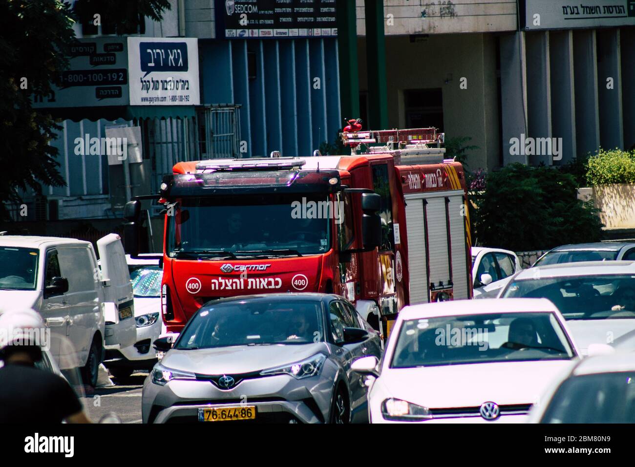 Tel Aviv Israel August 17, 2019 View of traditional Israeli fire engine ...