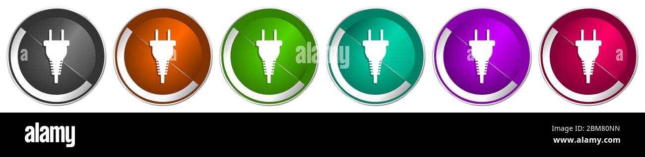 Plug icon set, silver metallic chrome border vector web buttons in 6 ...