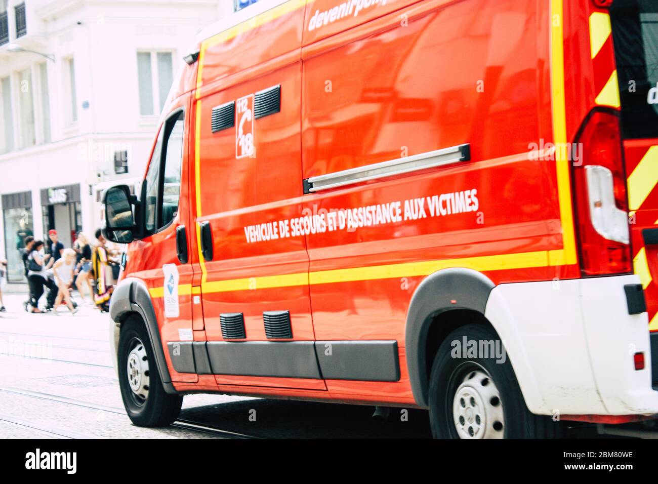 Reims France July 23, 2018 View of a French fire engine in the street ...