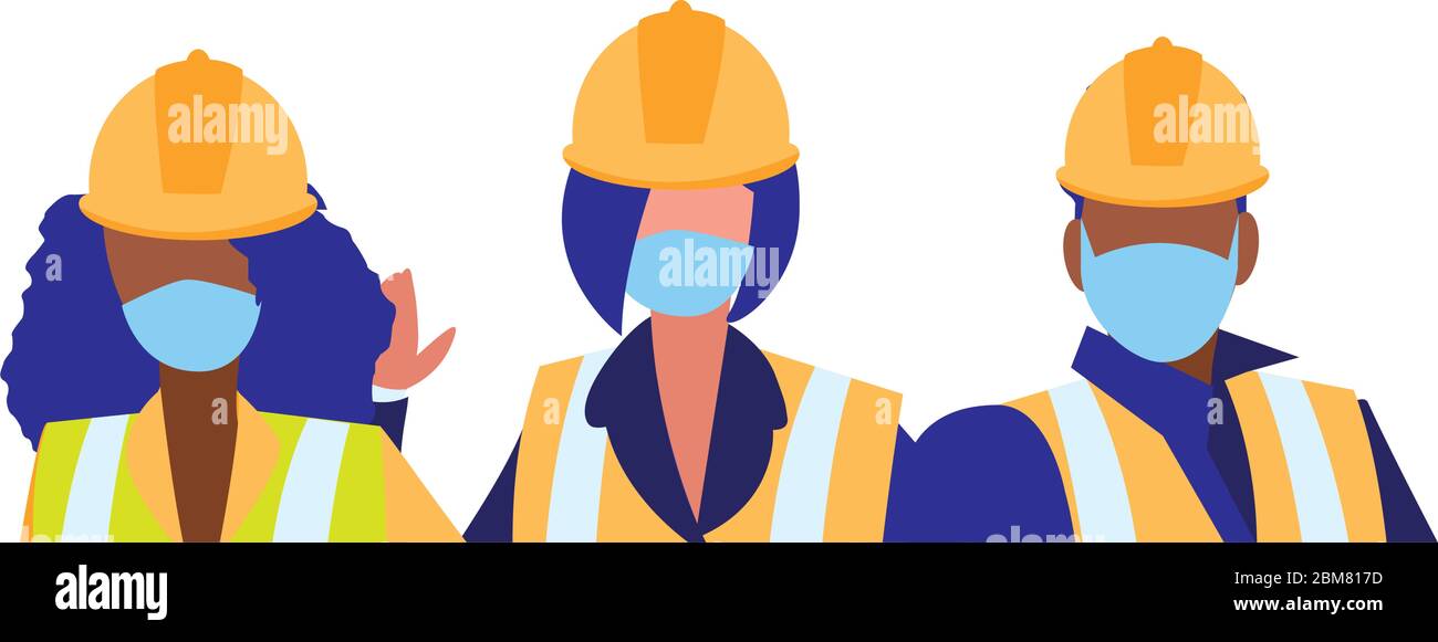 Industrial workers working with face mask vector illustration design ...