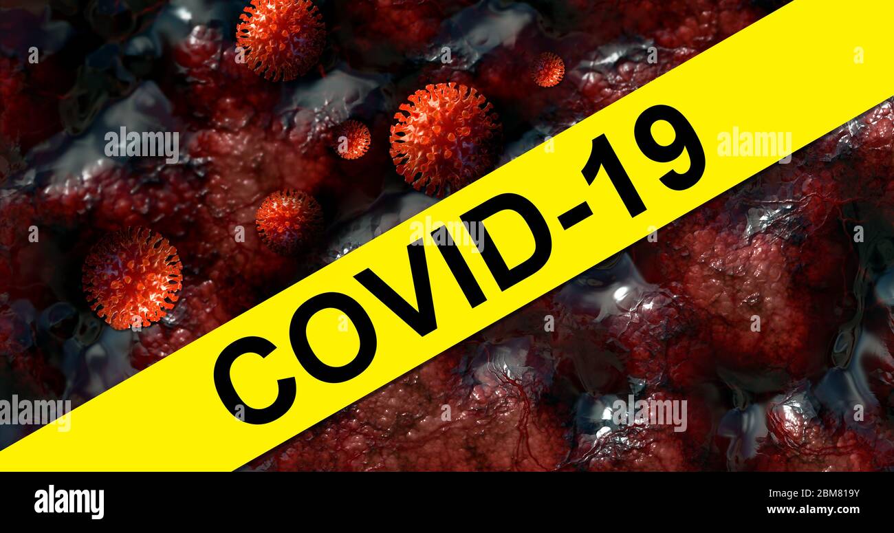 Covid 19 yellow warning tape with red virus cells Stock Photo - Alamy