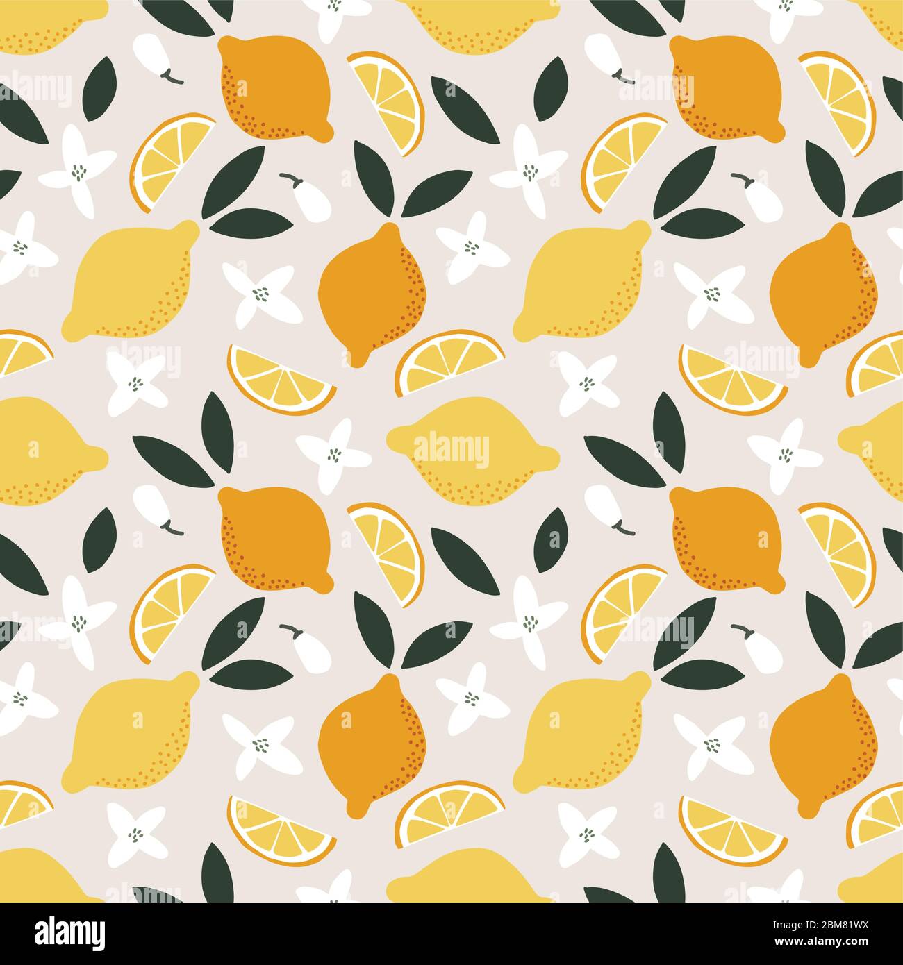 Summer seamless pattern. Whole and cut juicy lemons, leaves and ...