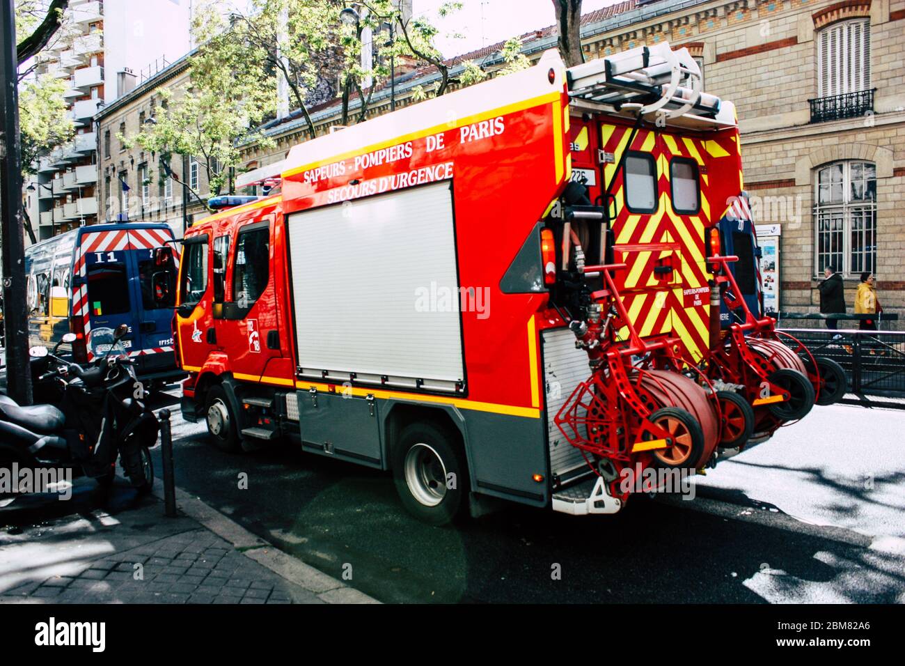 Paris France May 04, 2019 View of a French fire engine rolling in the ...