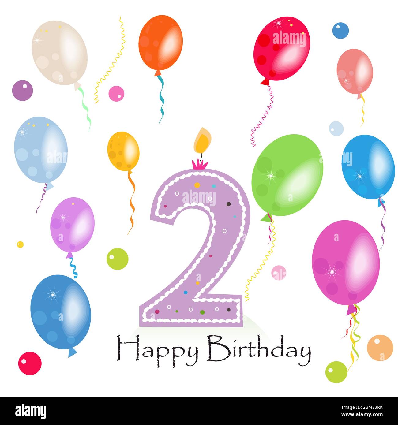 Happy second birthday candle vector with colorful confetti and balloons ...
