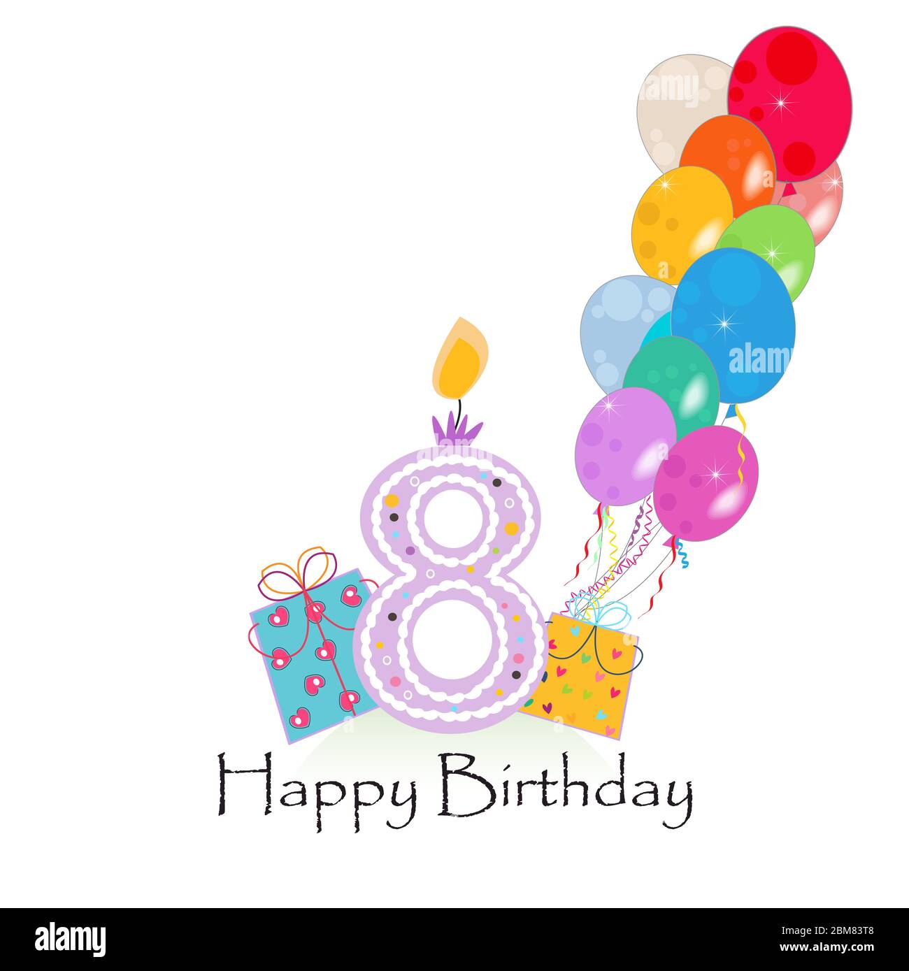 Happy eighth birthday candle vector with colorful confetti and balloons ...