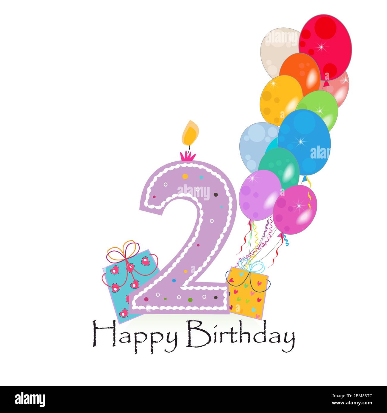 Happy second birthday candle vector with colorful confetti and balloons ...