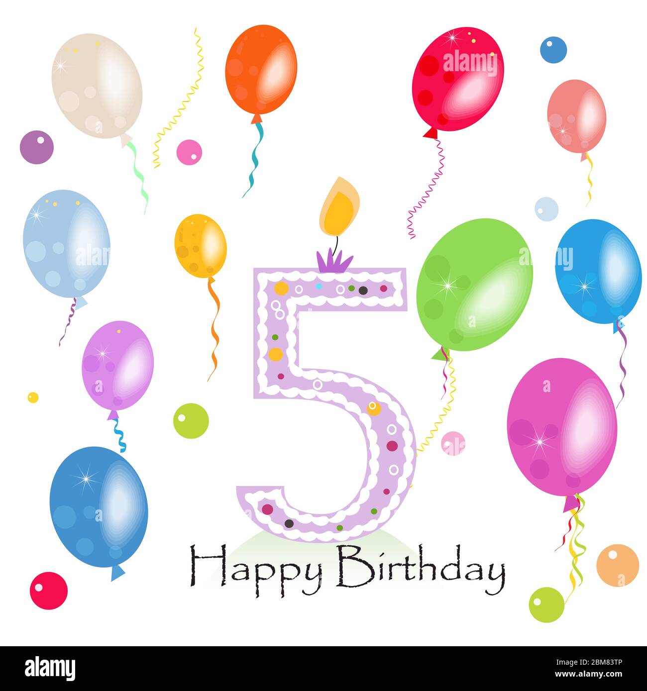 Happy fifth birthday candle vector with colorful confetti and balloons vector illustration ...