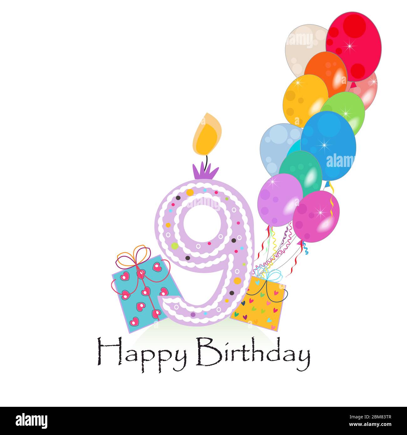 Happy ninth birthday candle vector with colorful confetti and balloons ...