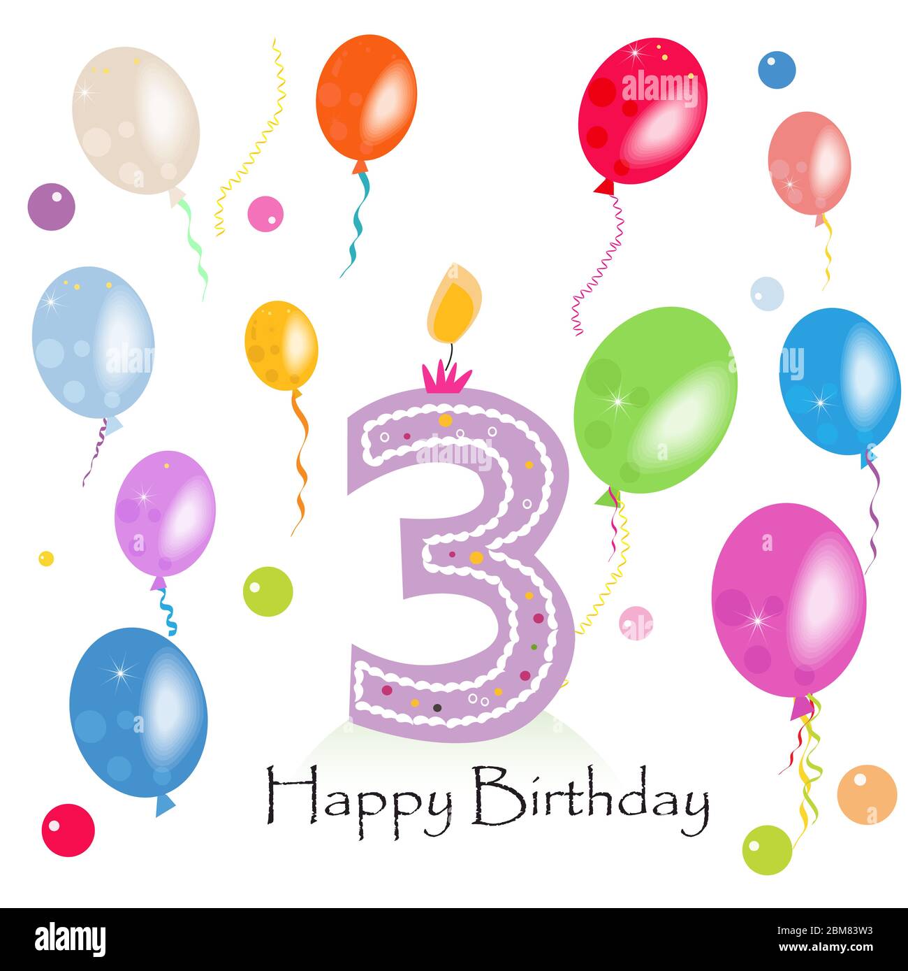 Happy third birthday candle vector with colorful confetti and balloons ...