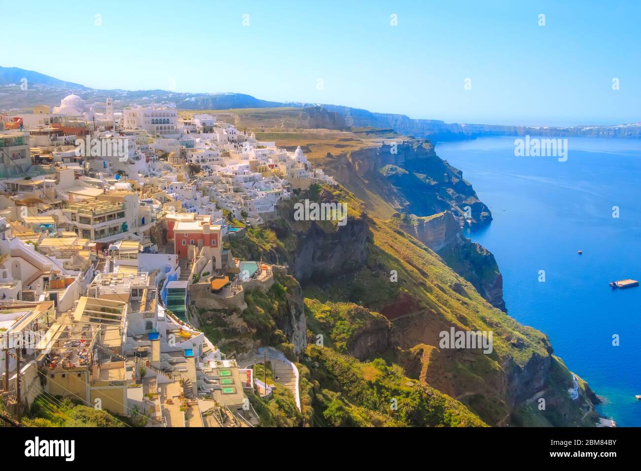 Santorini town Fira, Greece panorama with white houses and high ...