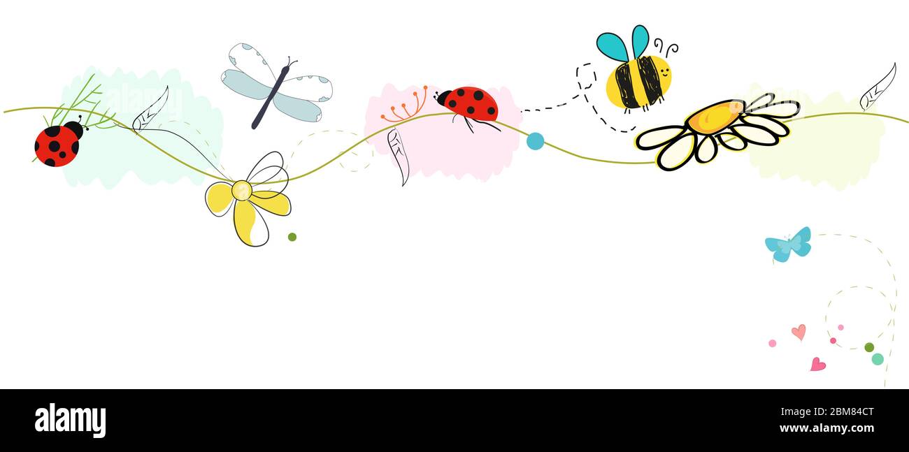 Colorful lovely spring banner vector. Butterfly, ladybug, dragonfly,bee ...