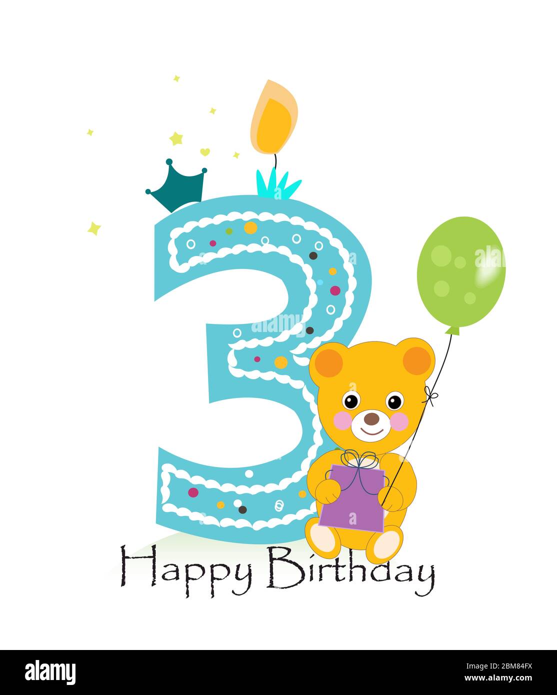 Happy third birthday candle. Baby birthday greeting card with teddy ...