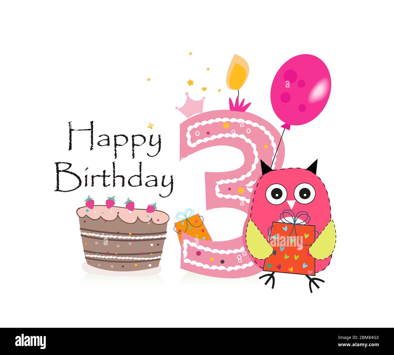 Happy third birthday greeting card. Cute pink owl, balloon and birthday ...