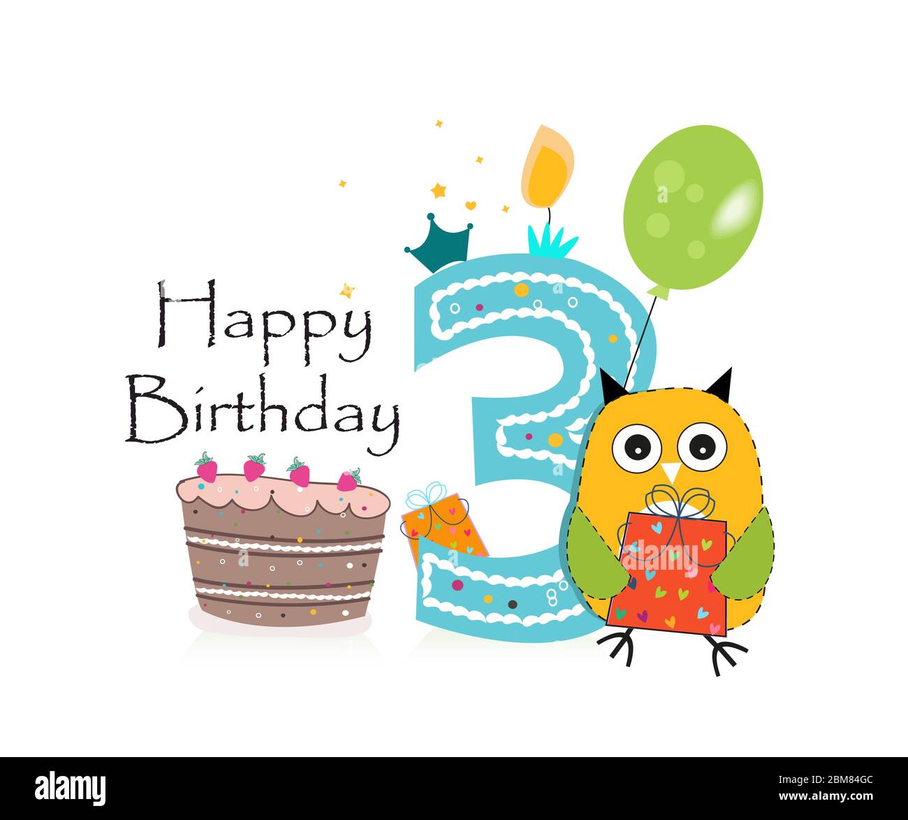 Happy third birthday greeting card. Cute blue owl, balloon and birthday ...