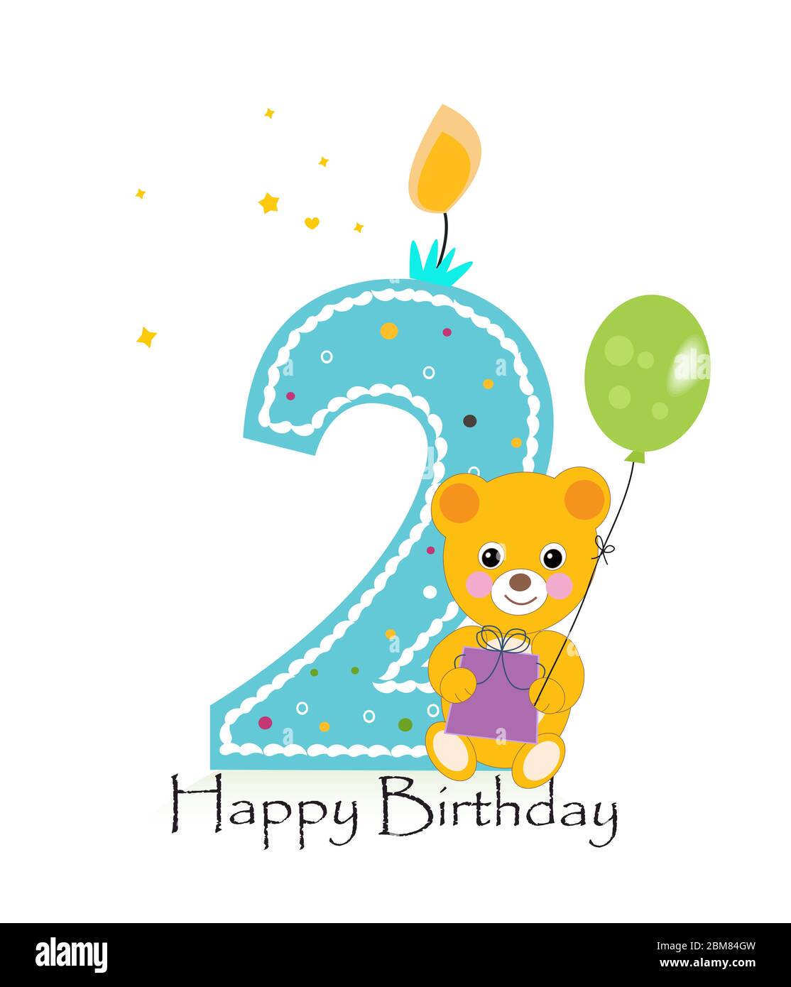 Happy second birthday candle. Baby birthday greeting card with teddy ...