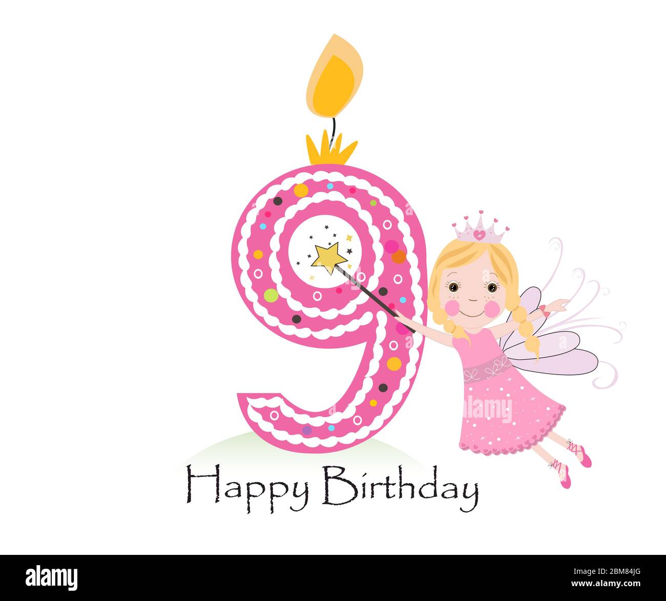 Happy ninth birthday candle. Baby girl greeting card with fairy tale ...