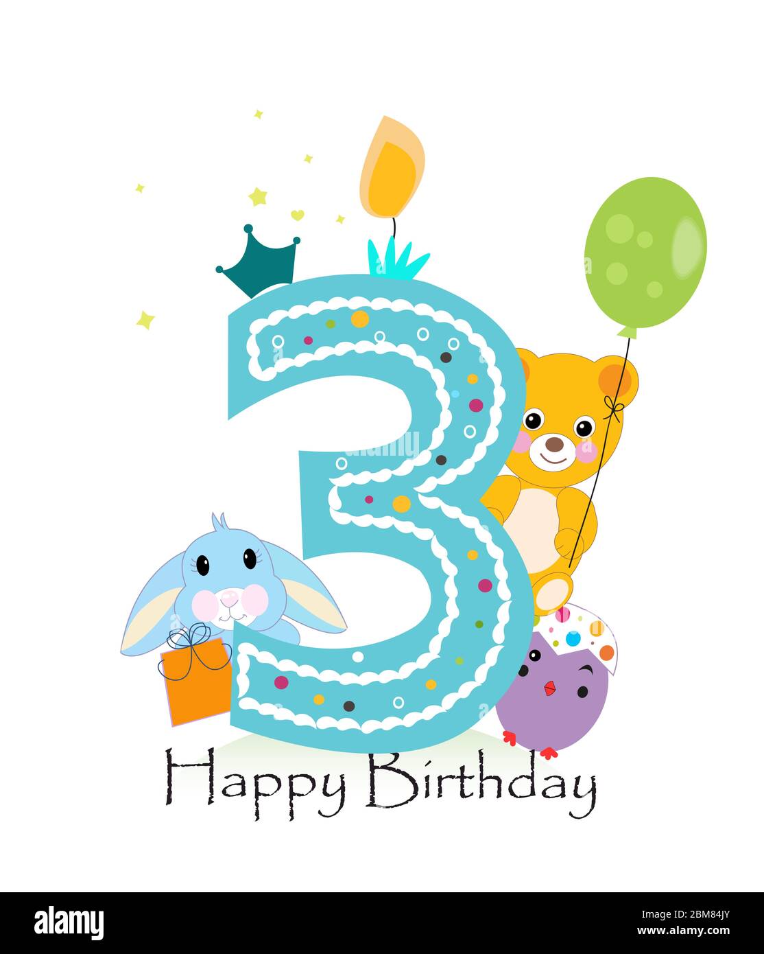 Happy third birthday candle. Baby boy greeting card with bunny, chick ...