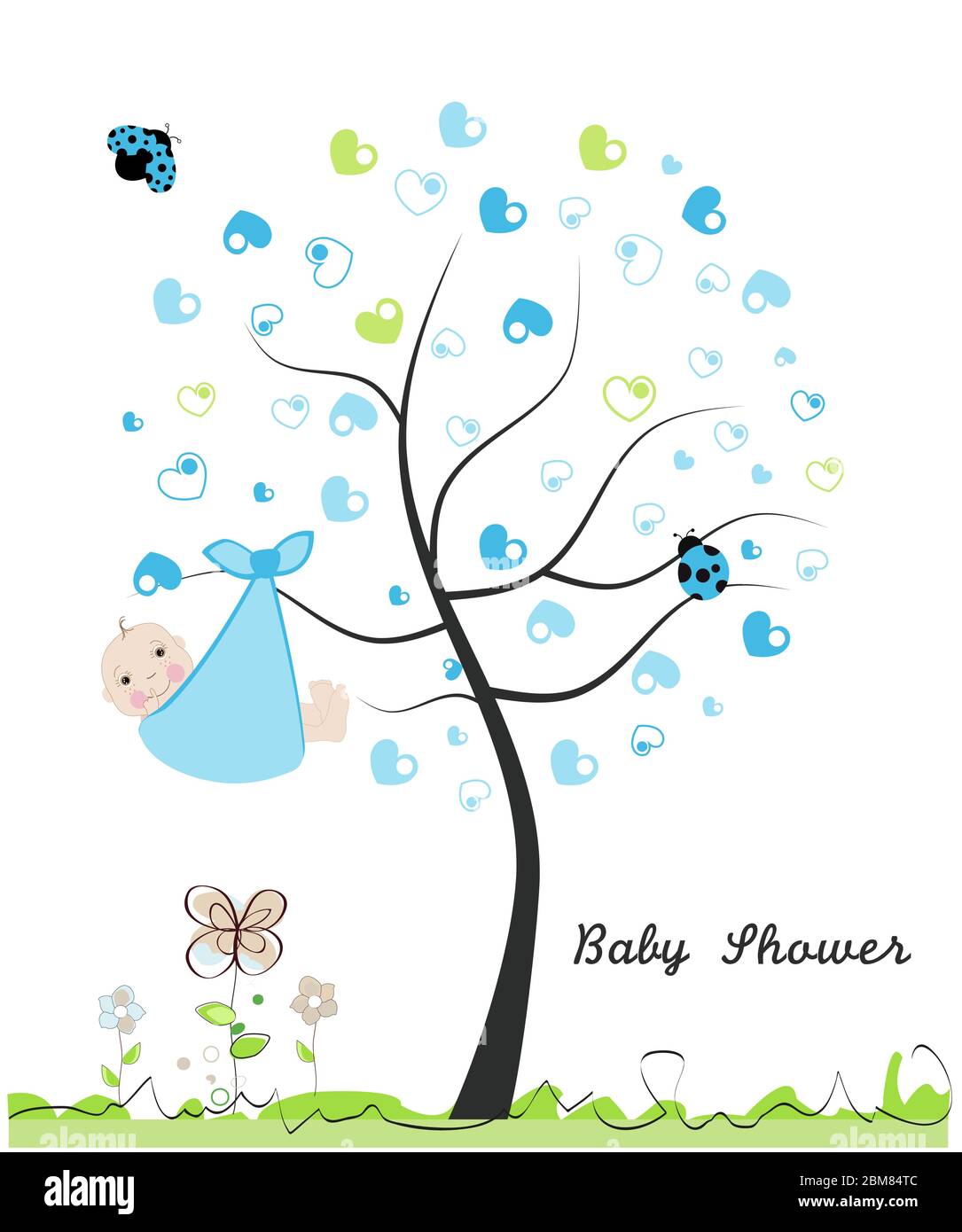 Baby shower greeting card. Baby boy. Made of heart tree. Doodle flowers ...