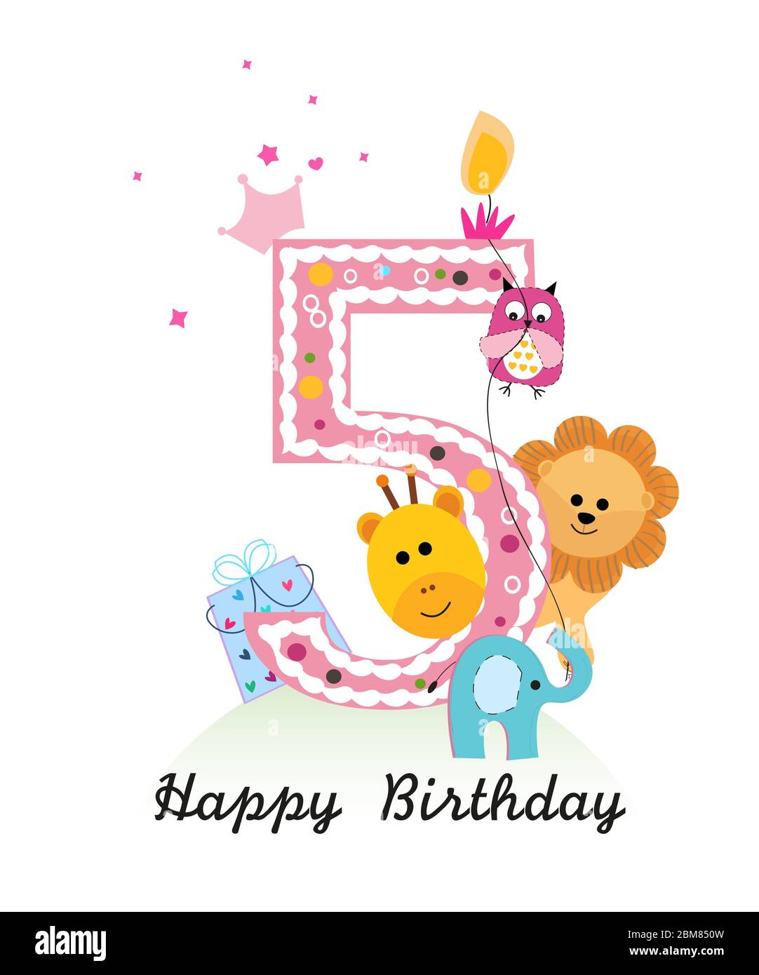 Happy fifth birthday with animals baby girl greeting card vector Stock Vector Image & Art - Alamy