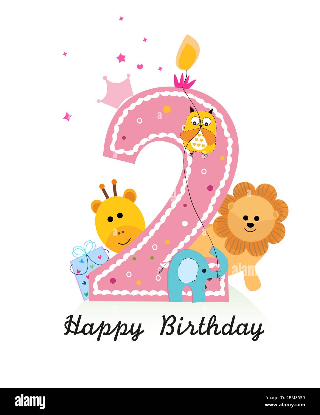 Happy second birthday with animals baby girl greeting card vector Stock ...