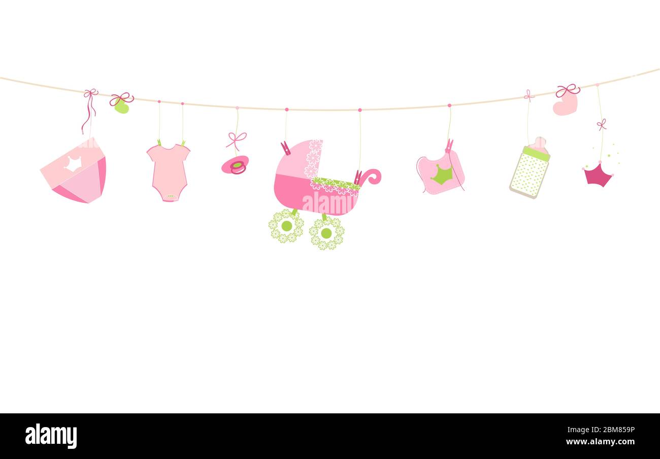 Baby shower card. Baby girl hanging symbols illustration Stock Vector ...