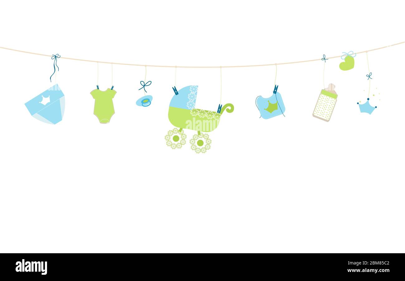 Baby shower card. Baby boy hanging symbols illustration Stock Vector ...