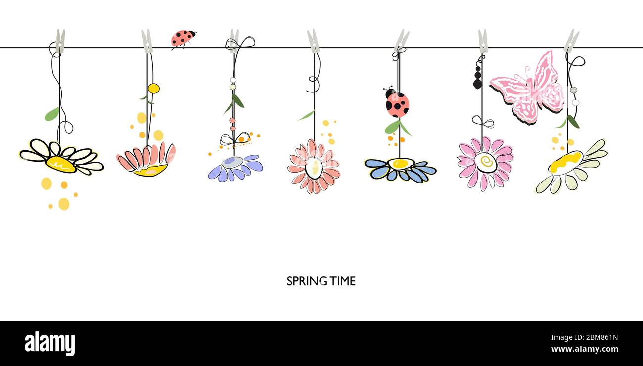 Spring time floral border background with hanging colorful daisy vector ...