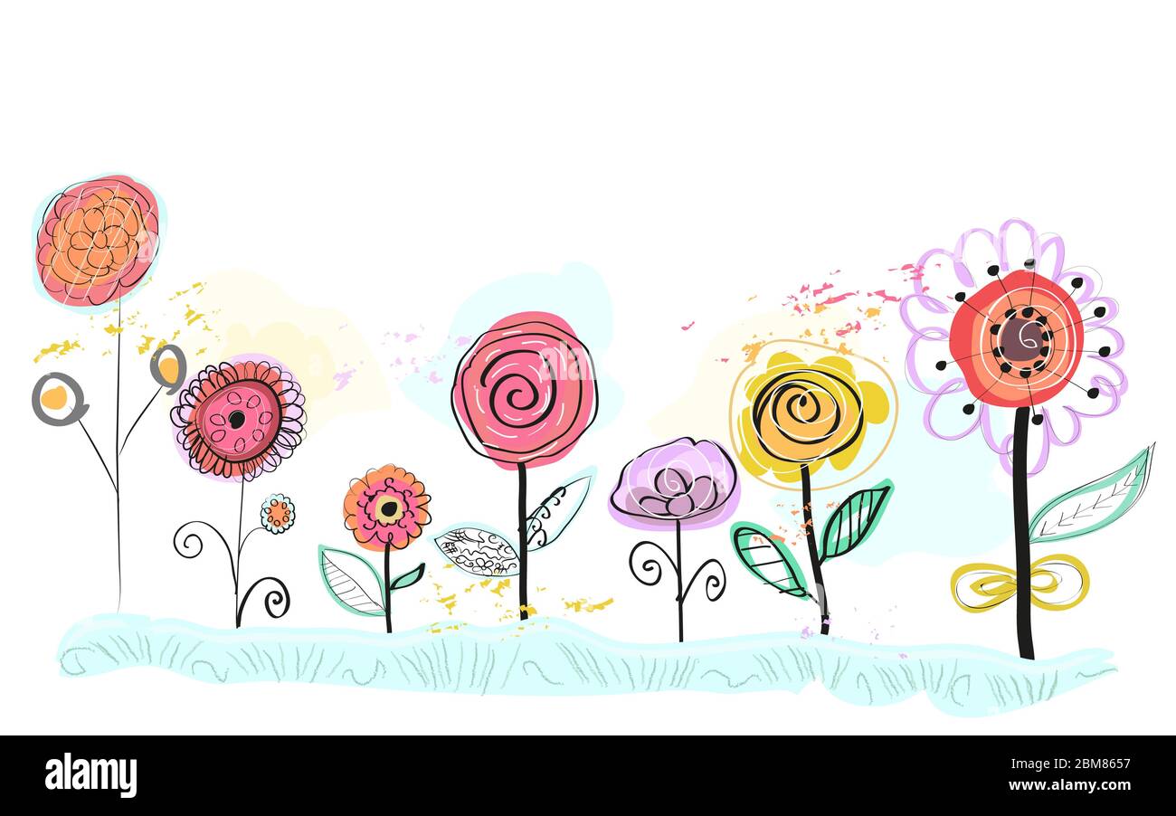 Colorful spring flowers. Decorative floral background, hand drawn ...