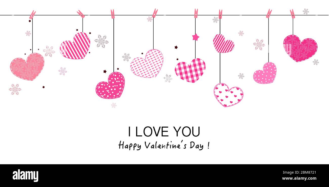 Happy Valentine's Day hanging pink hearts with clips vector Stock ...