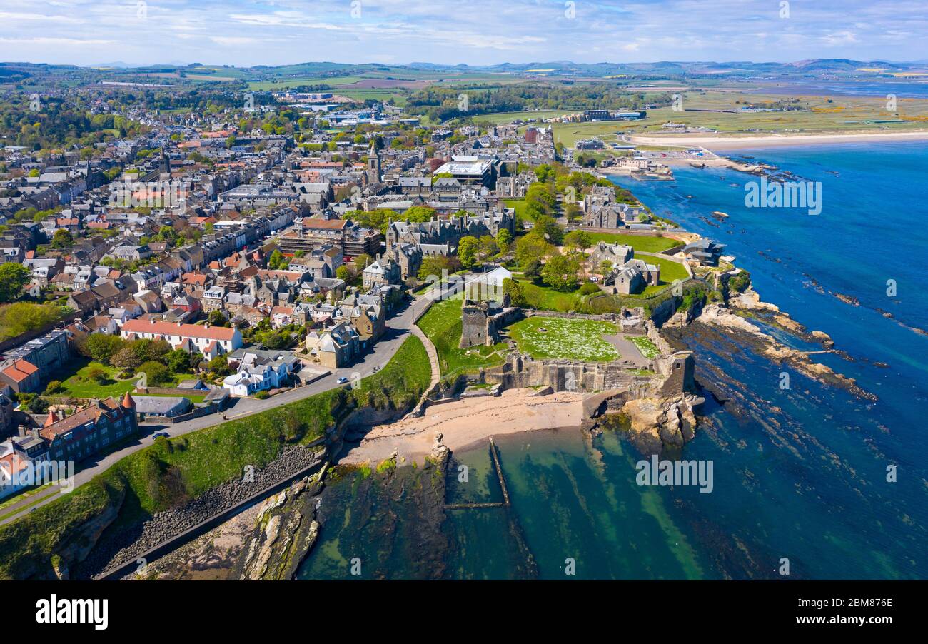 Aerial view of St Andrews Castle and city in St Andrews , Fife ...