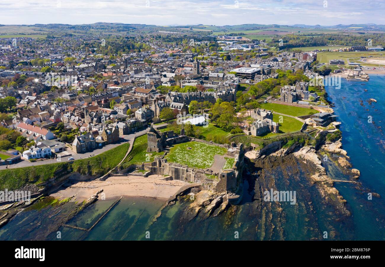 Aerial view of St Andrews Castle and city in St Andrews , Fife ...