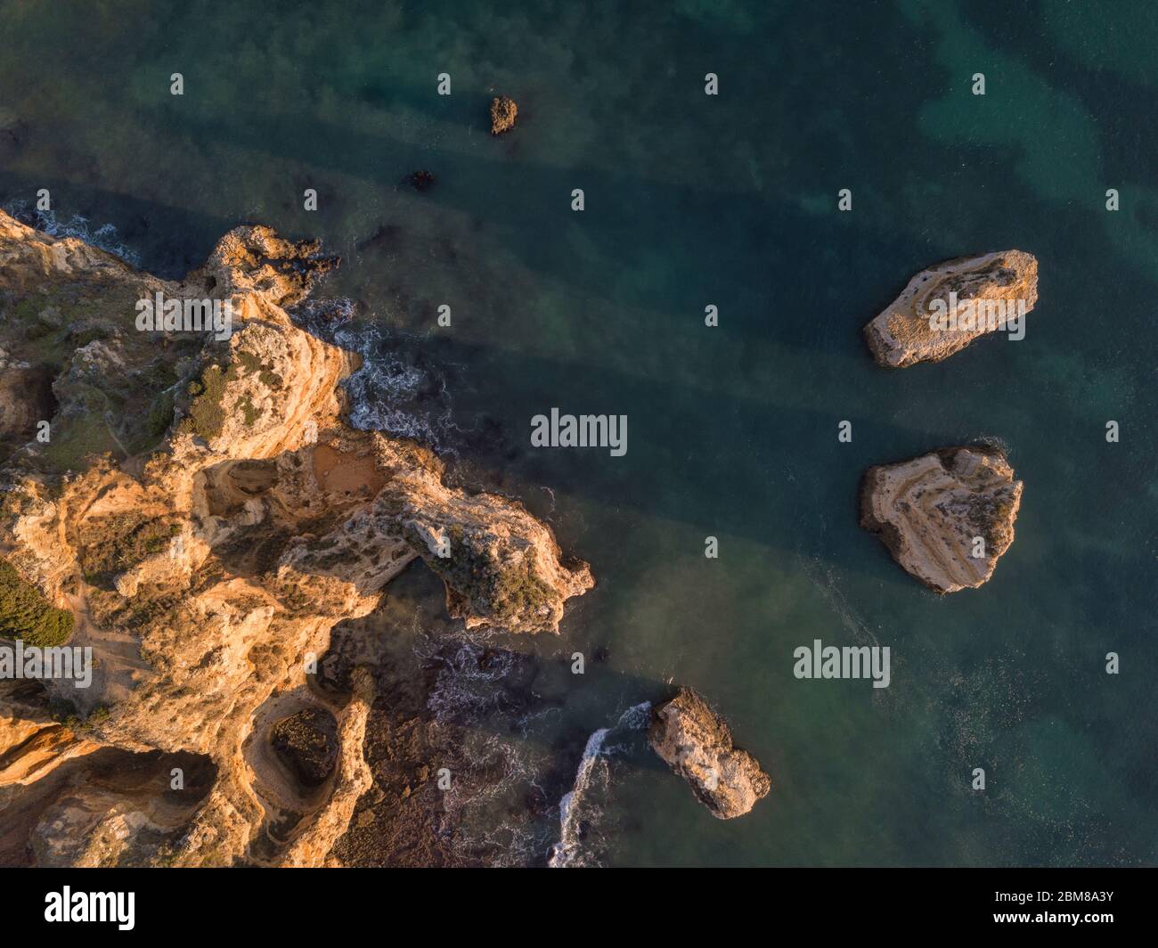 Algarve aerial drone panoramic view. Amazing landscape at sunrise ...