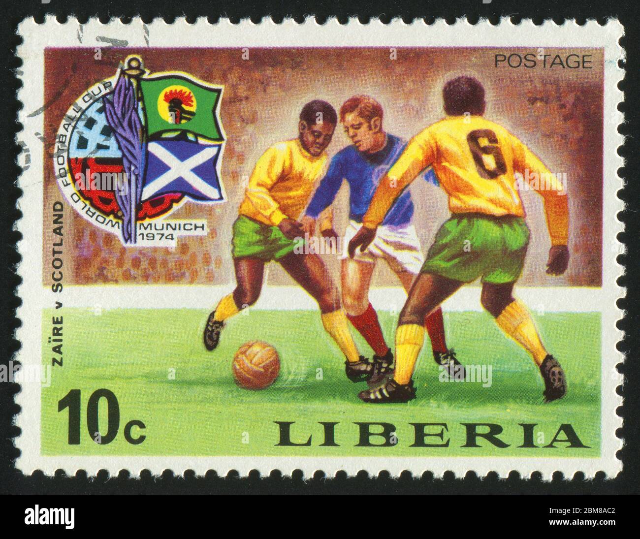 LIBERIA - CIRCA 1974: stamp printed by Liberia, shows soccer players ...