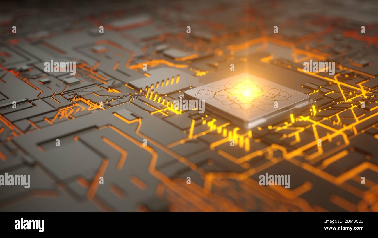 cpu concept with glowing abstract lines and light beam on processor ...