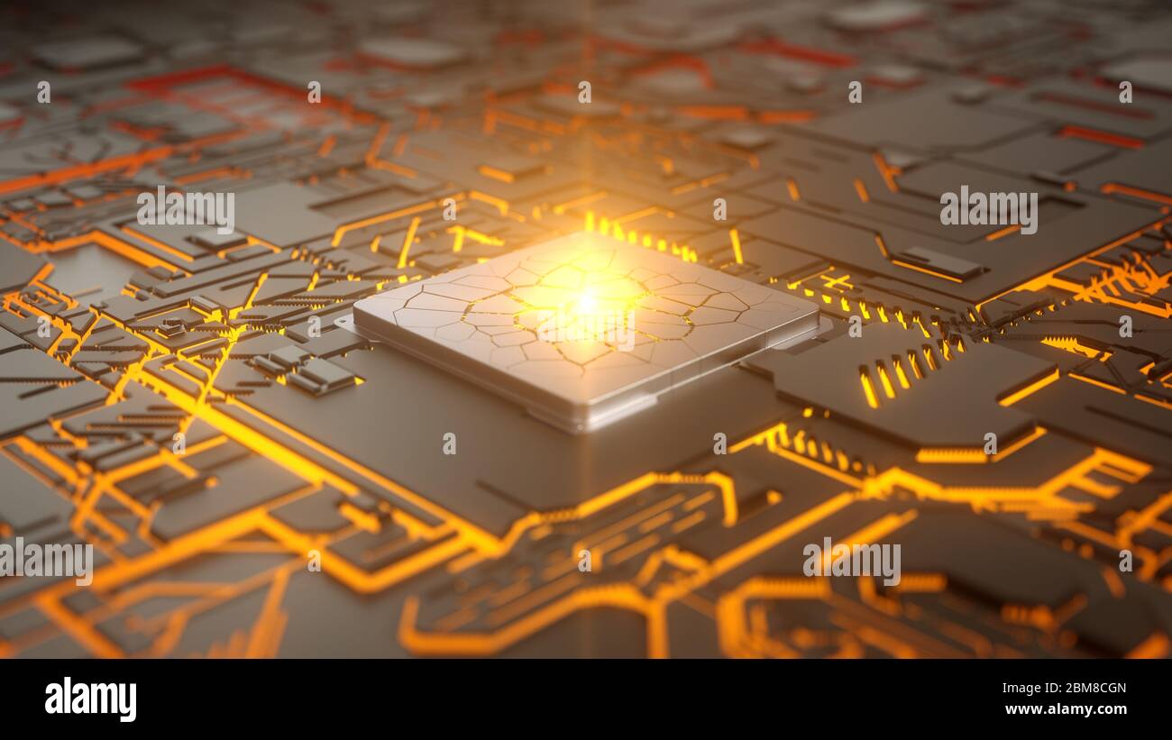 cpu concept with glowing abstract lines and light beam on processor ...
