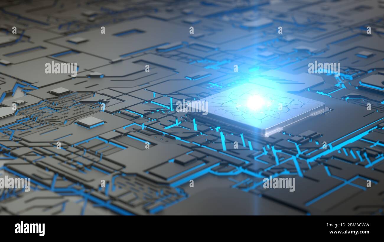 cpu concept with glowing abstract lines and light beam on processor ...