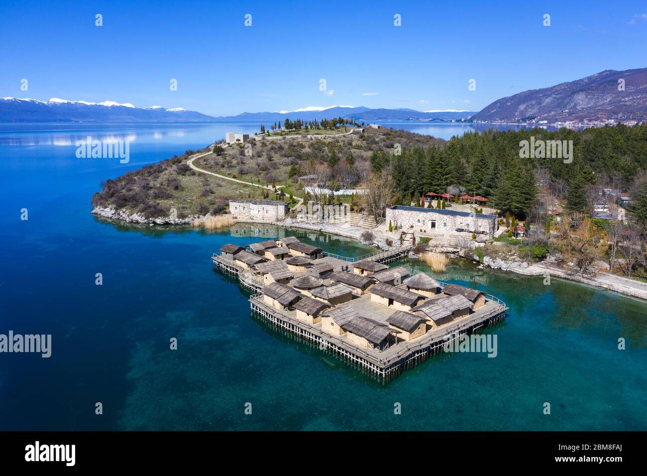 Aerial view of Museum on water in the Bay of Bones on the Ohrid Lake in ...