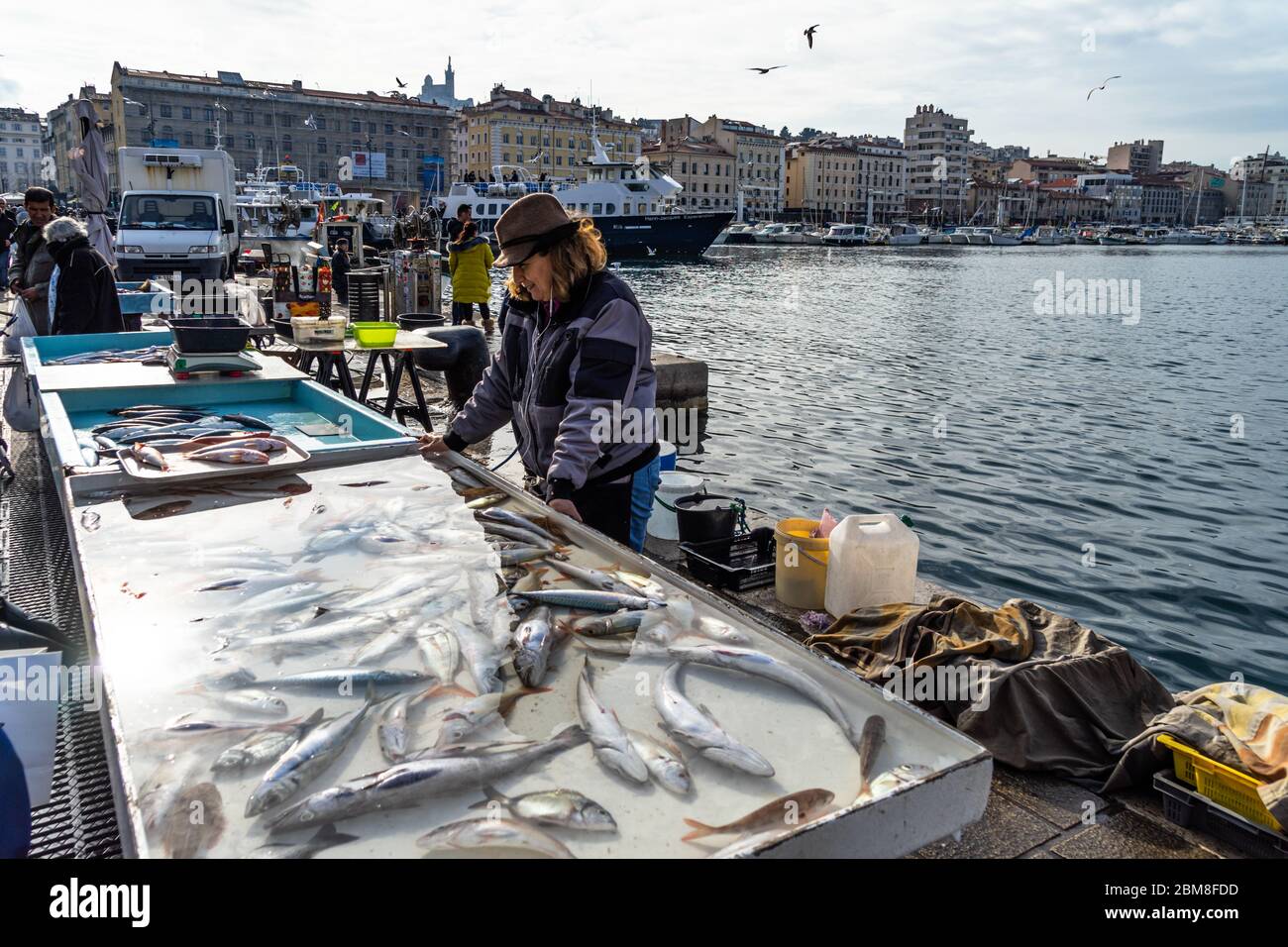 A stall selling fresh fish at the famous Marseille fish market held ...