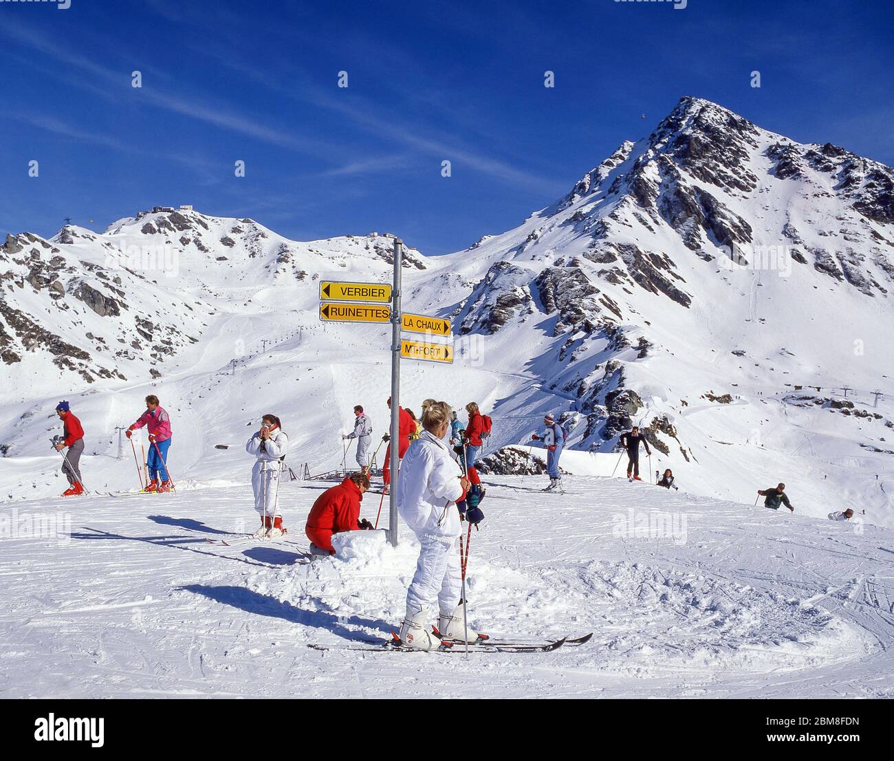 Sign post on piste, Verbier, Canton du Valais, Switzerland Stock Photo ...
