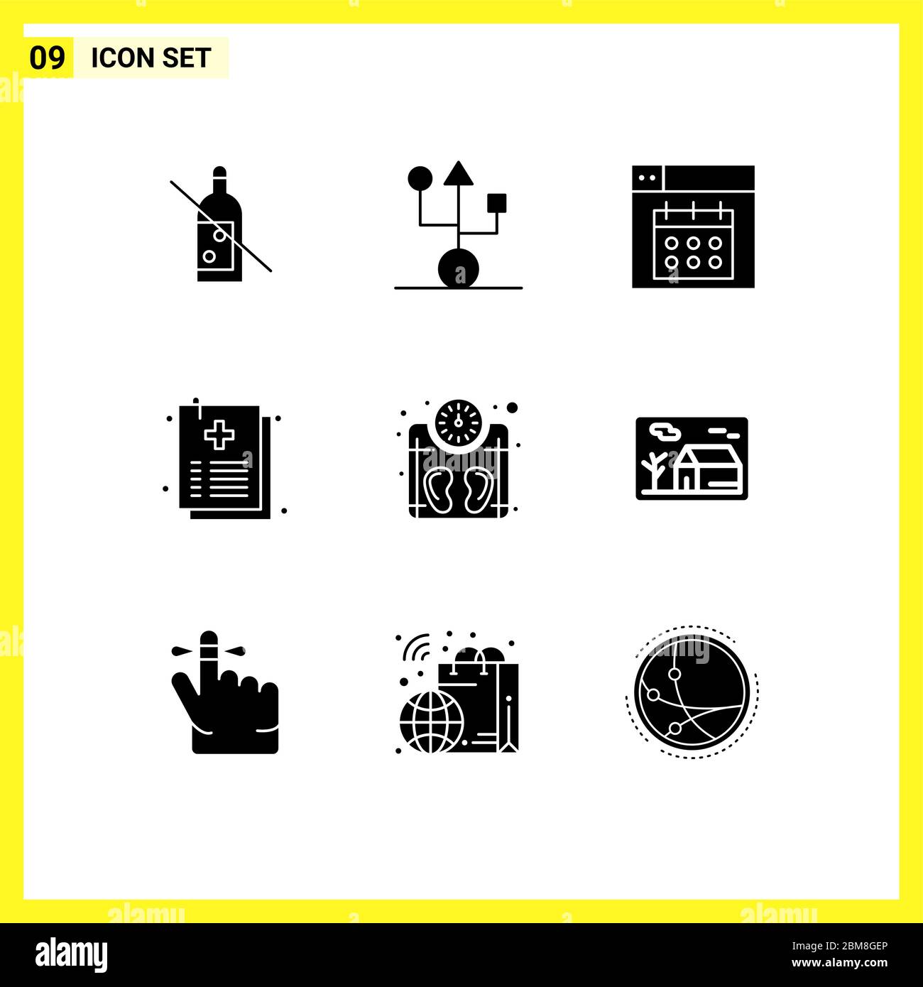 Mobile Interface Solid Glyph Set of 9 Pictograms of machine, medical ...