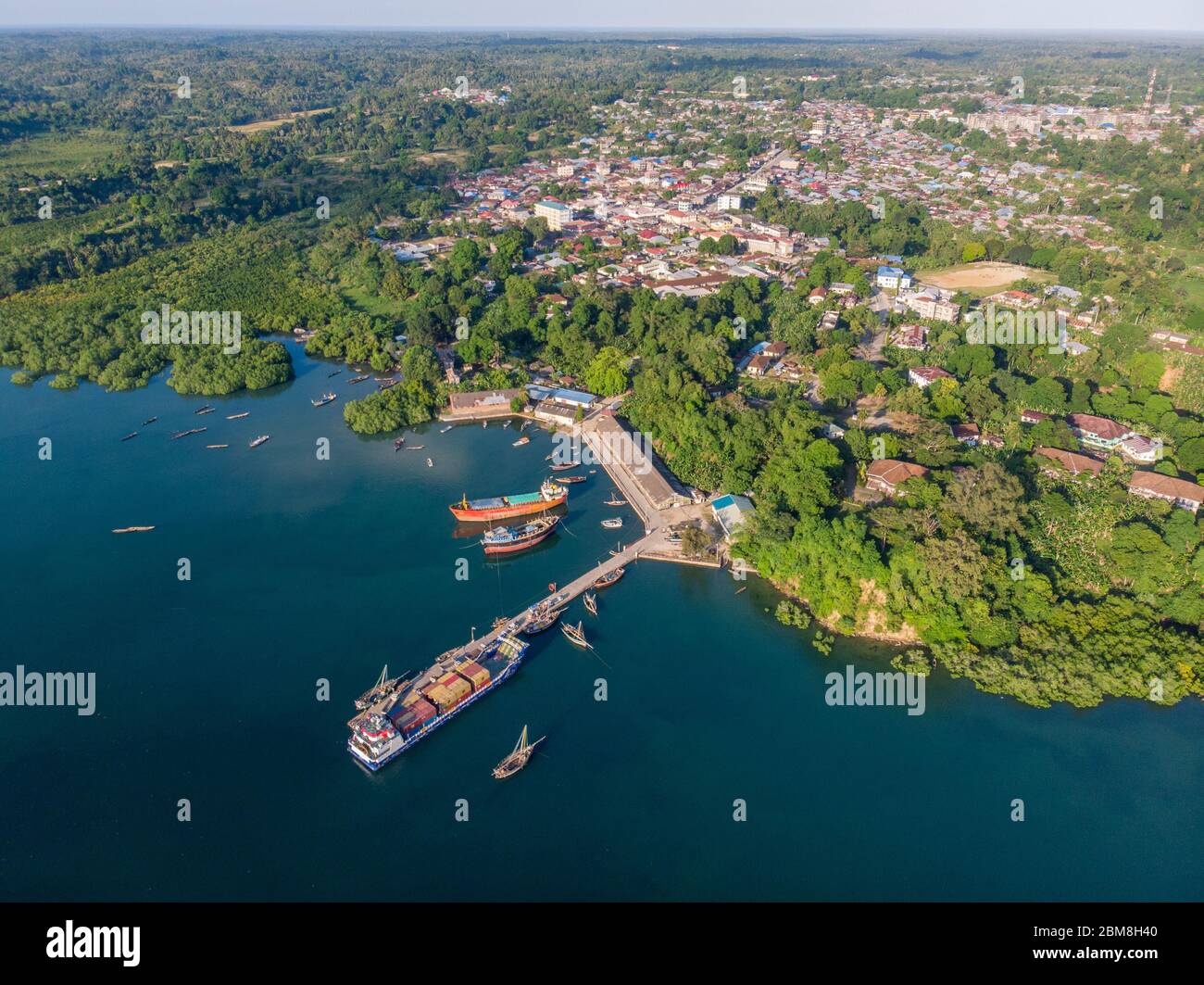 Aerial shot of Pemba island, zanzibar archipelago. Harbor in Wete city ...