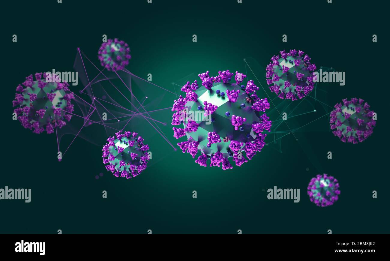 Colorful medical illustration of the COVID-19 virus. Stylized render of ...