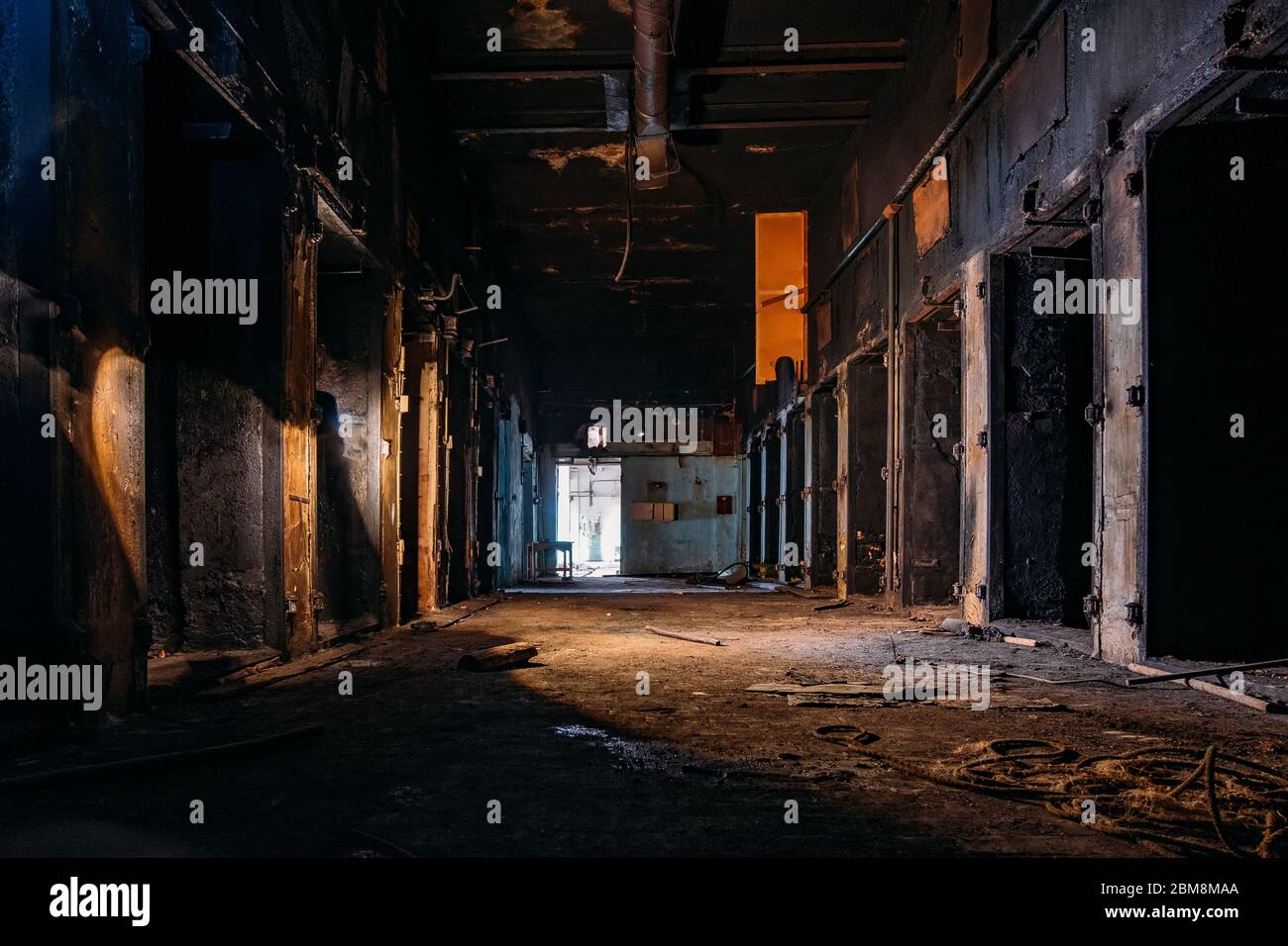 Burnt interior of industrial building or warehouse. Consequences of ...