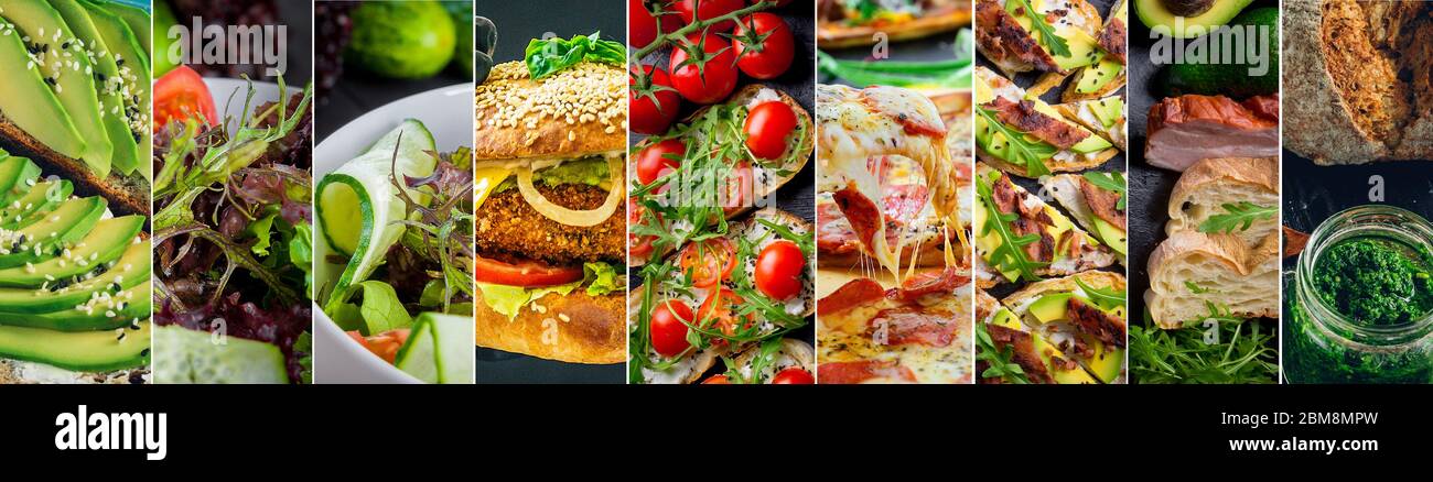 Collage of delicious food and fastfood close-up Stock Photo - Alamy