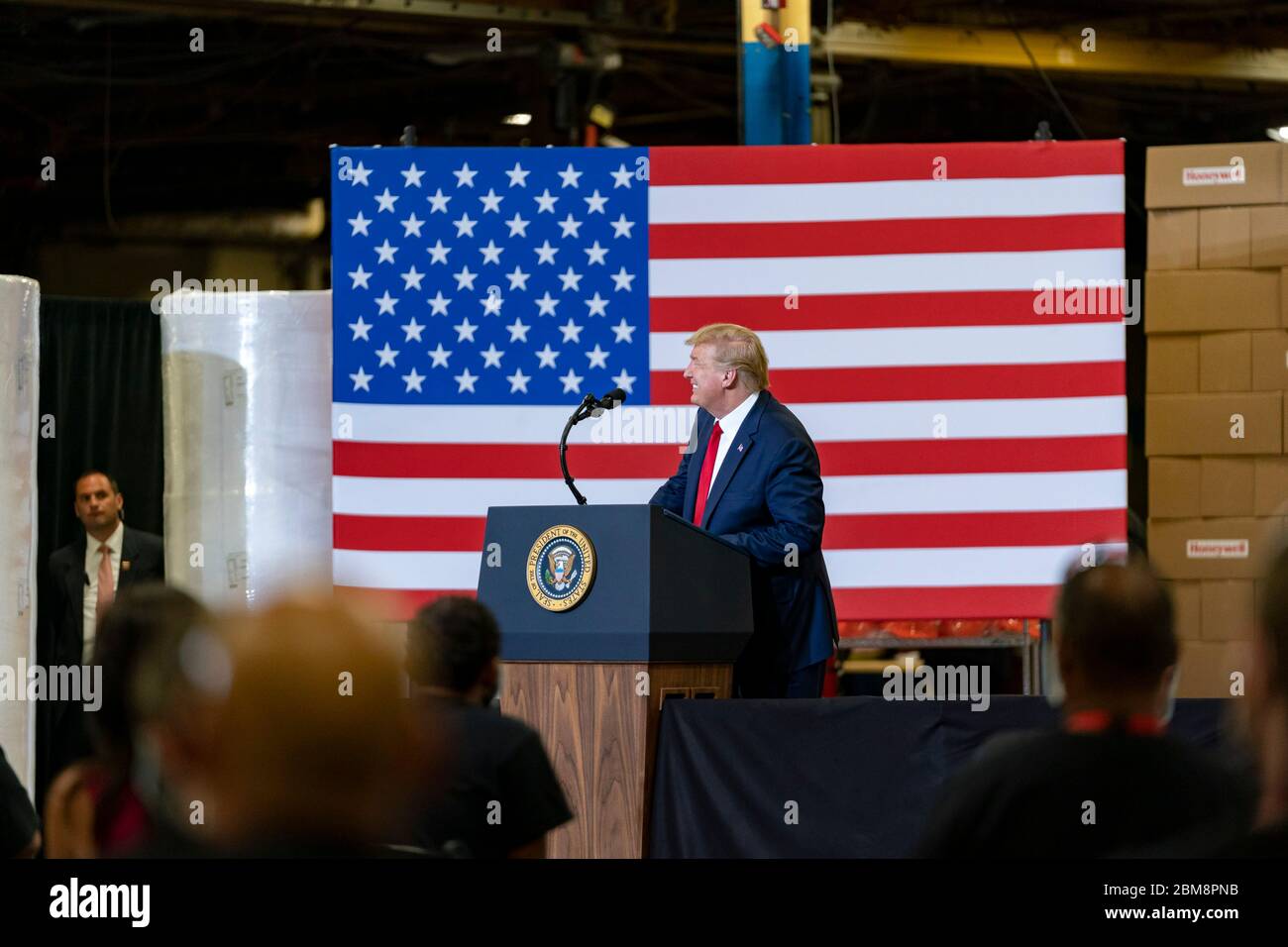 U.S. President Donald Trump, addresses remarks to employees at the mask ...