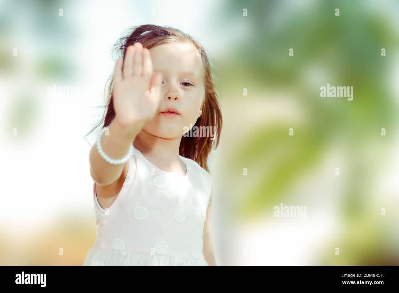 No. Stop! Closeup girl showing hand signaling to stop violence and pain ...