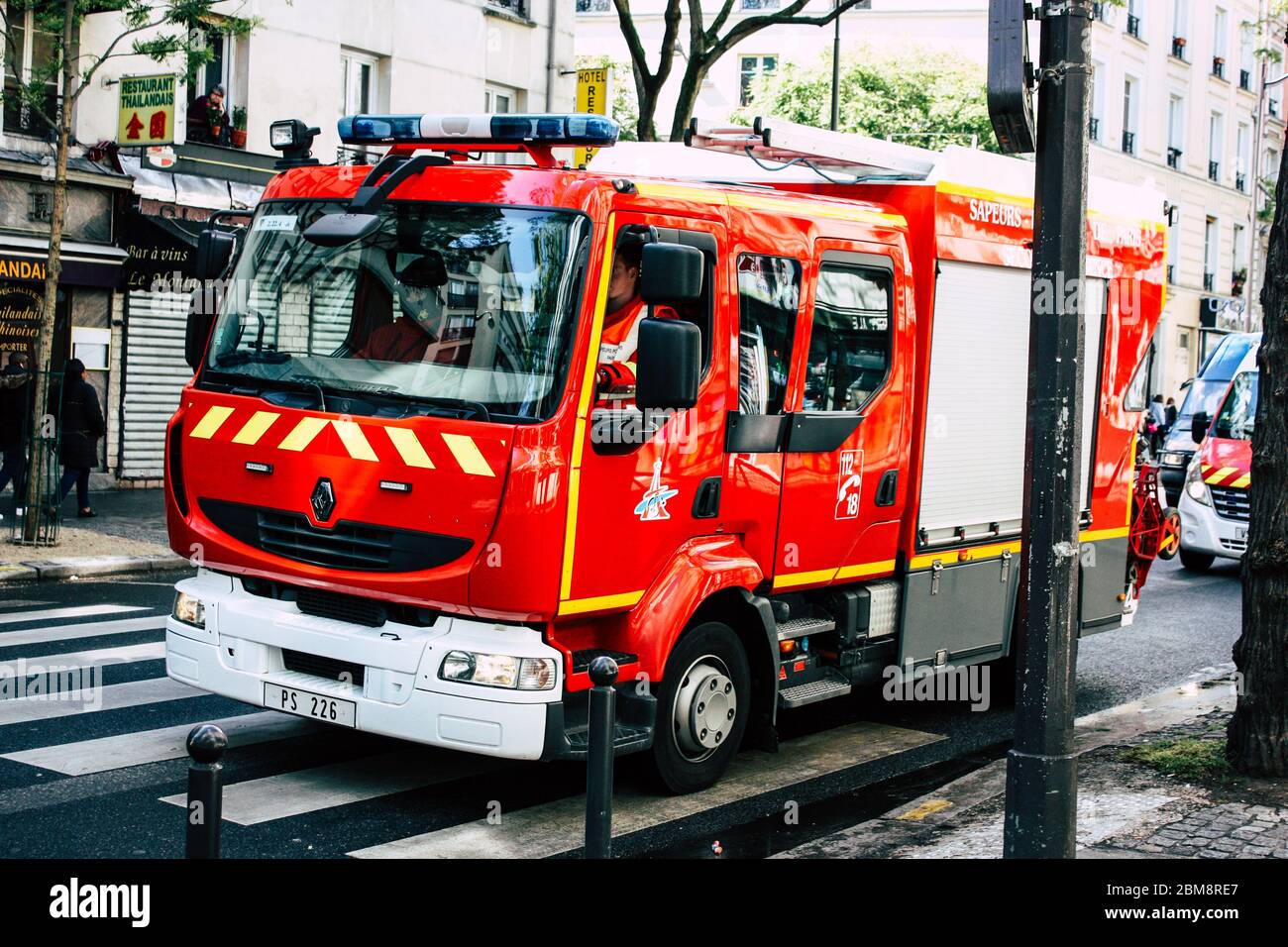 Paris France May 04, 2019 View of a French fire engine rolling in the ...