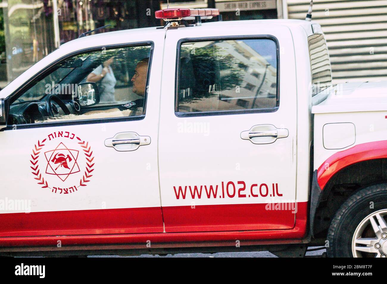 Tel Aviv Israel August 12, 2019 View of traditional Israeli fire engine ...